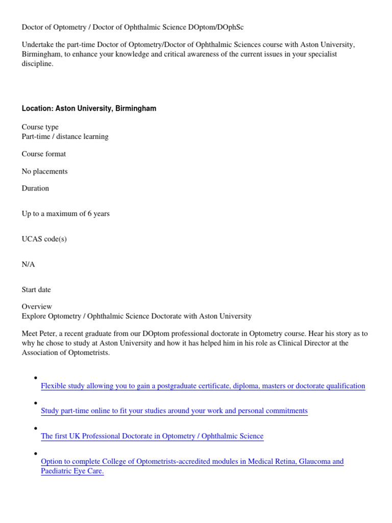 Doctor of Optometry Doctor of Ophthalmic Science DOptomDOphSc | PDF ...