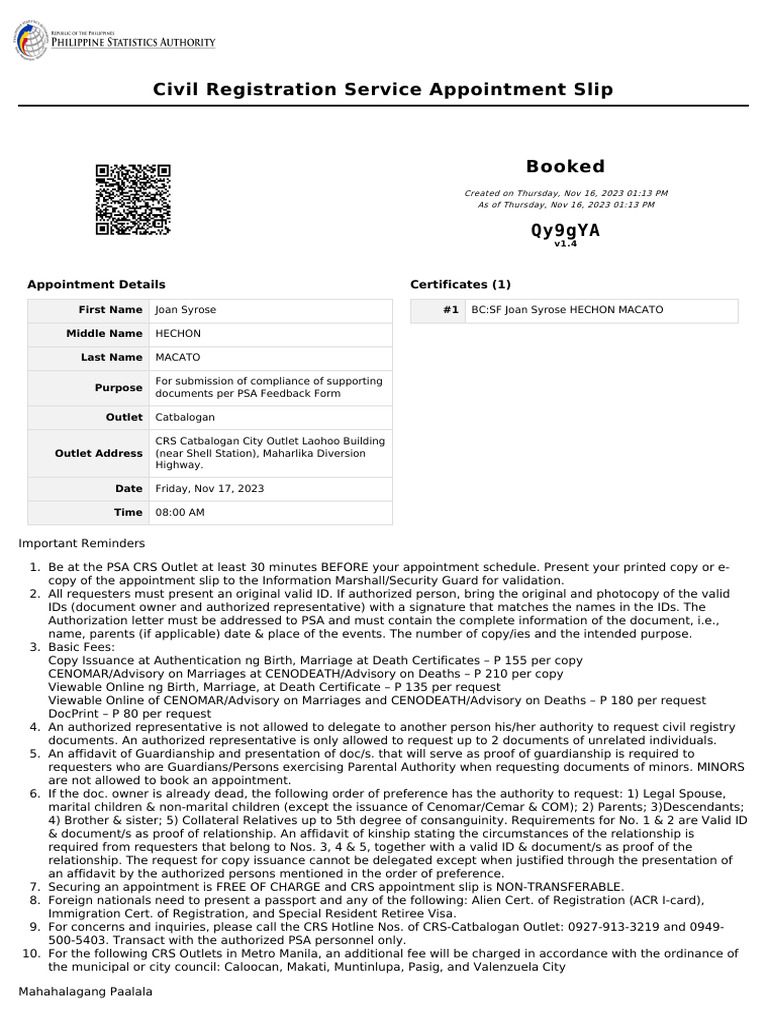 Civil Registration Service Appointment Slip | Download Free PDF ...