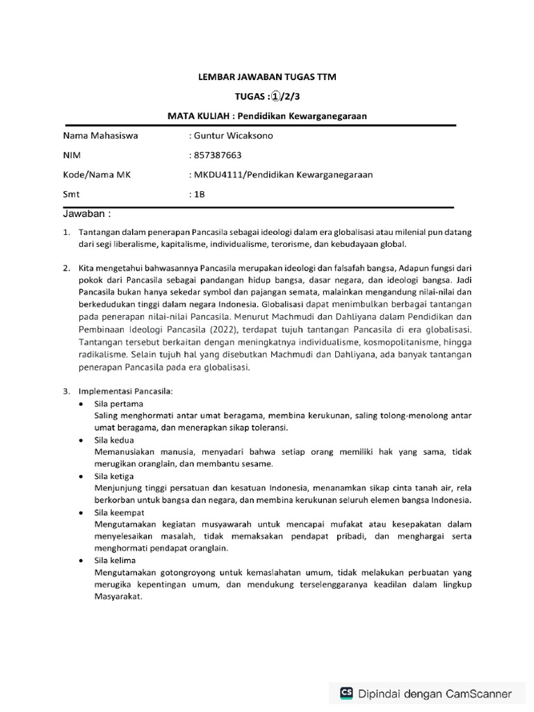Lembar Jawaban Tugas TTM Mkdu4111 Pendidikan Kewarganegaraan 26-10-2023 22.20 | PDF
