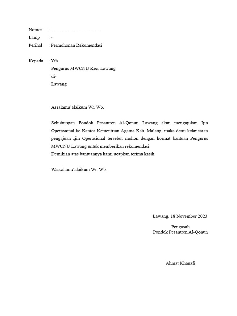 Surat Permohonan Rekomendasi MWCNU | PDF