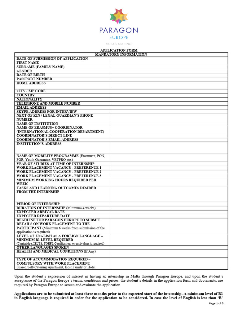 Internship Application Form Paragon Europe 2016 | Download Free PDF ...