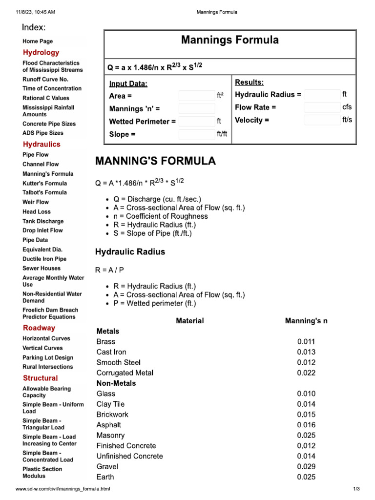 Mannings Formula | PDF