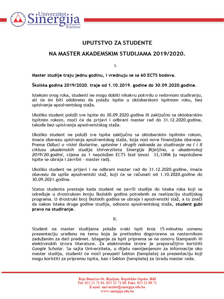 Uputstvo Za Master Studente 2020 2021 | PDF