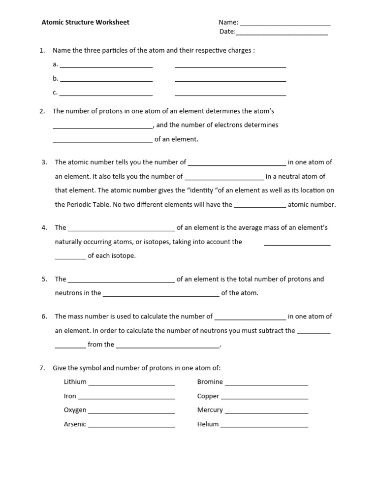 Atomic Structure Worksheet | PDF | Atoms | Chemical Elements