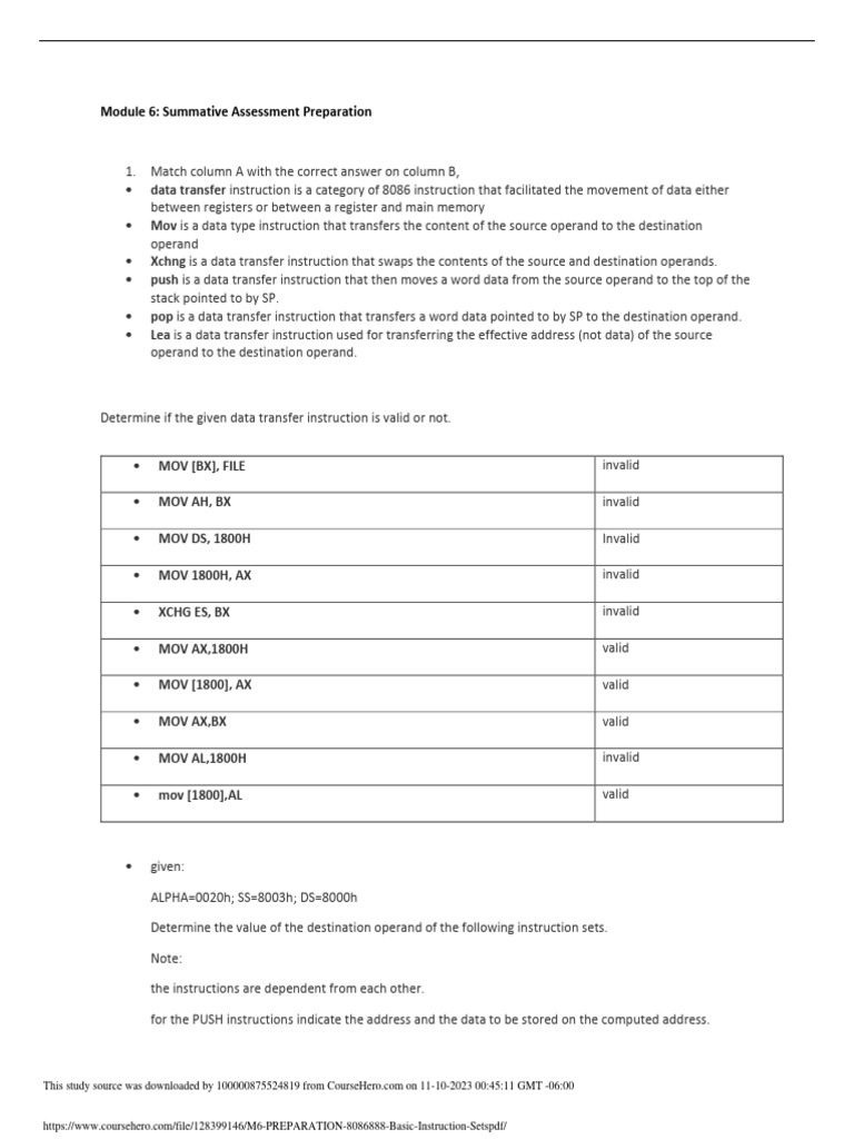 M6 PREPARATION 8086 888 Basic Instruction Sets | PDF | Assembly Language | Computer Architecture