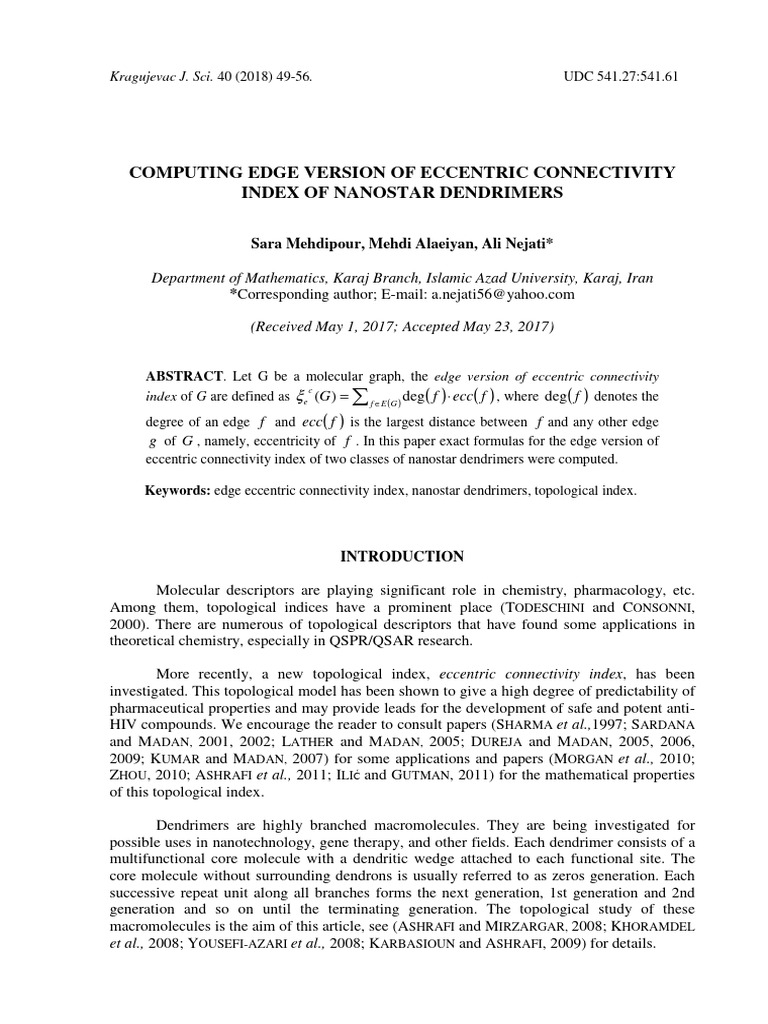 Eccentric Connectivity Index of Dendrimers (Kragujevac J. Sci 2018) | PDF Eccentric Connectivity Index of Dendrimers (Kragujevac J. Sci 2018) | PDF