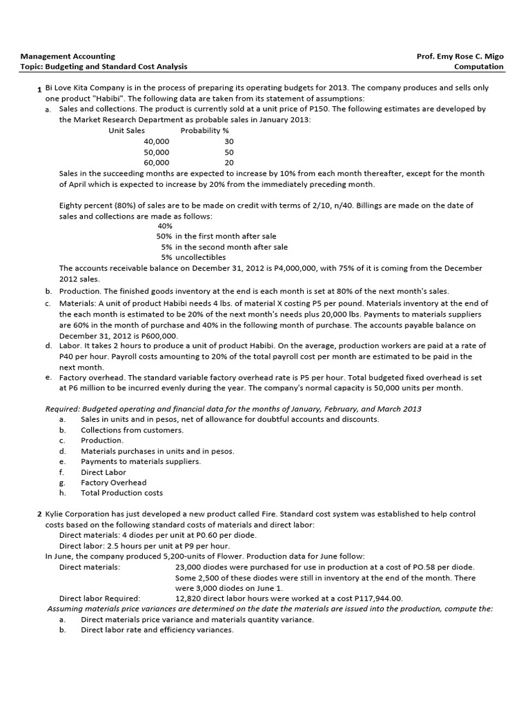 Standard Budgeting And Variance Analysis Download Free Pdf Business