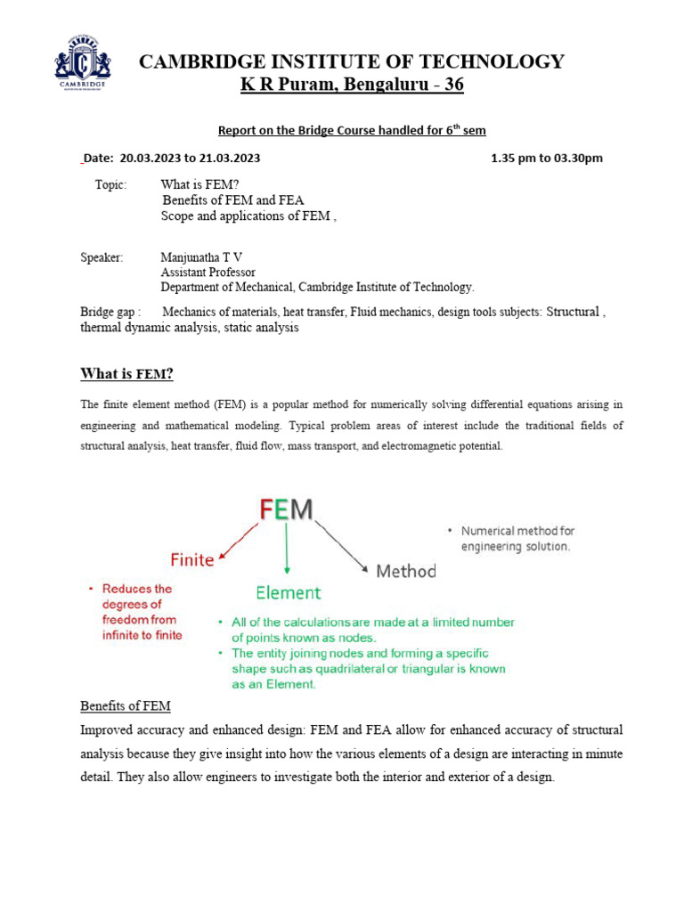 Report On Bridge Course For Fem | PDF