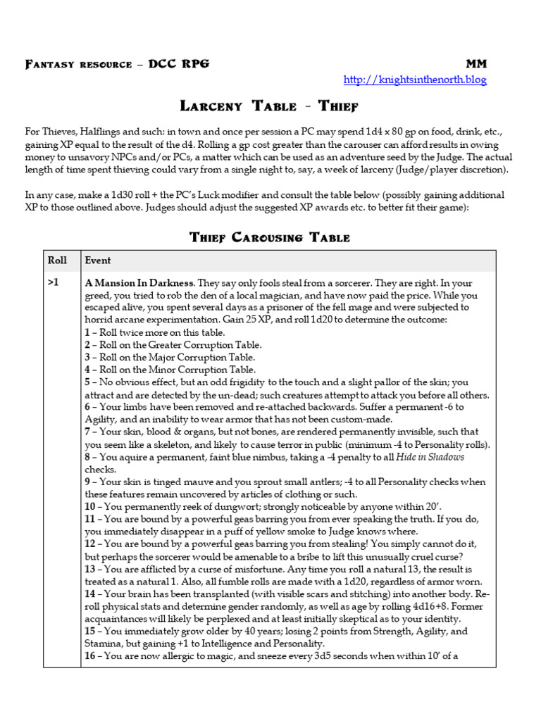 DCC Thief Carousing Table | PDF | Crimes | Crime & Violence