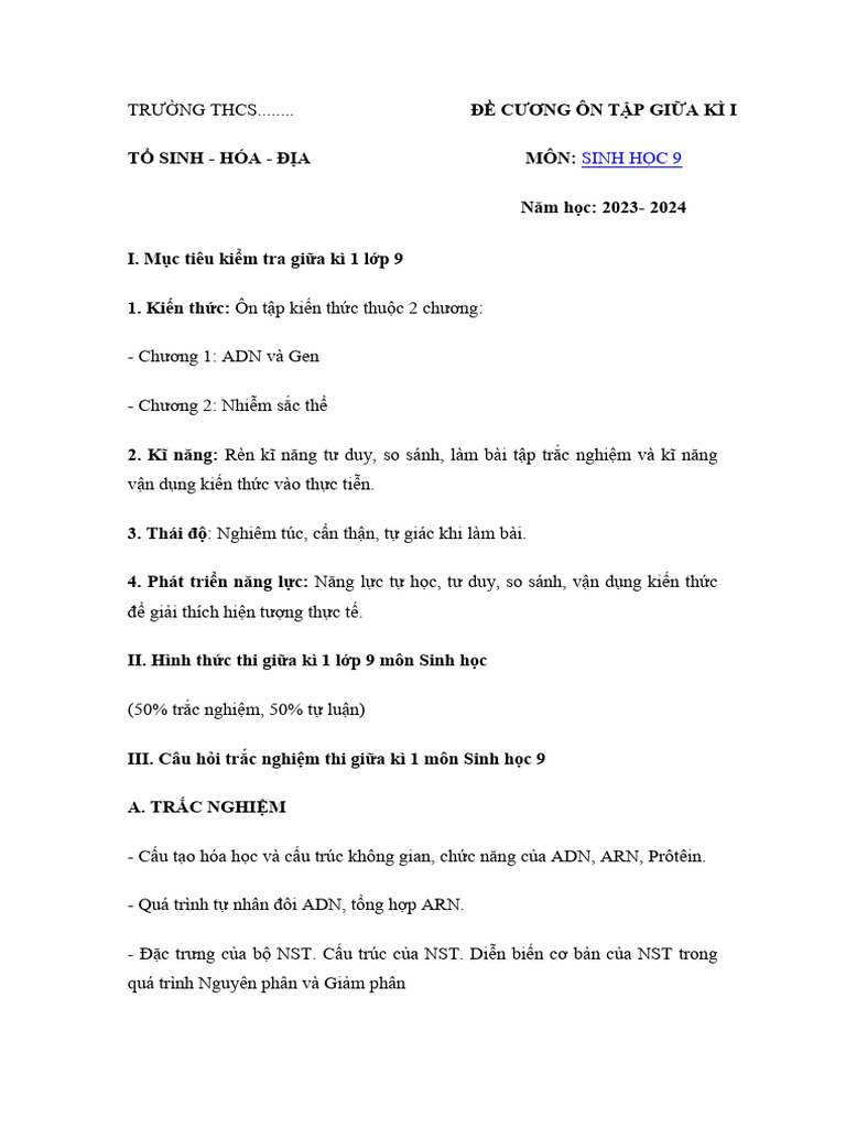 De Cuong On Tap Giua Ki 1 Sinh Hoc 9 | PDF