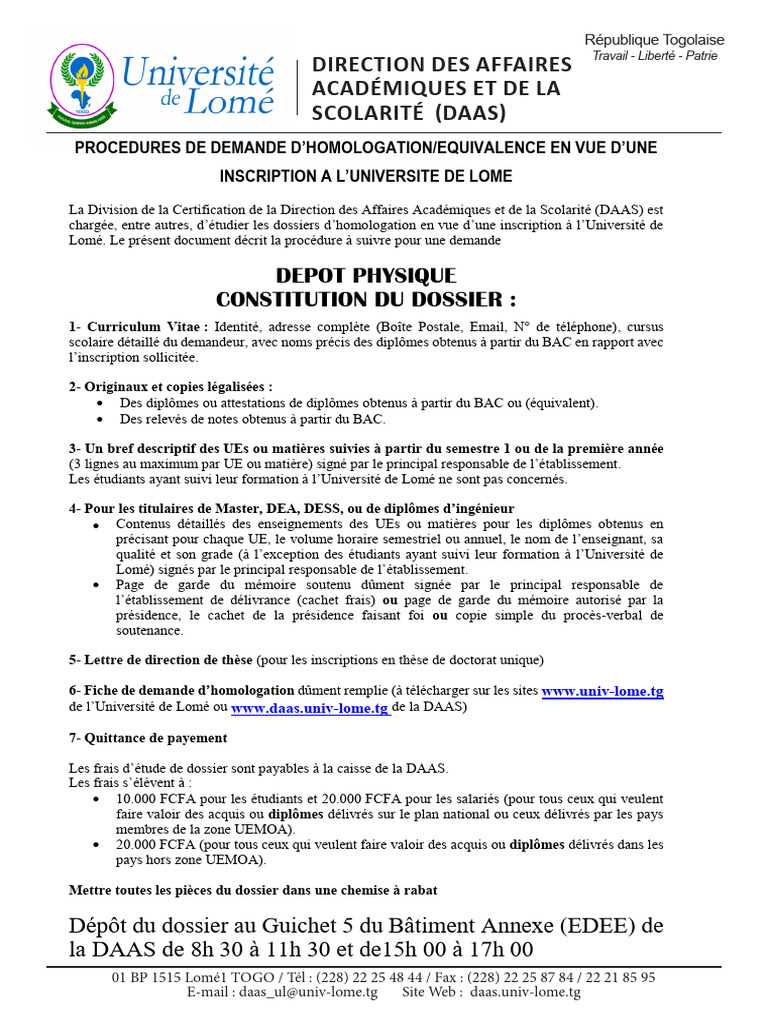 Procédure d'Homologation à l'Université de Lomé | PDF | Enseignement ...