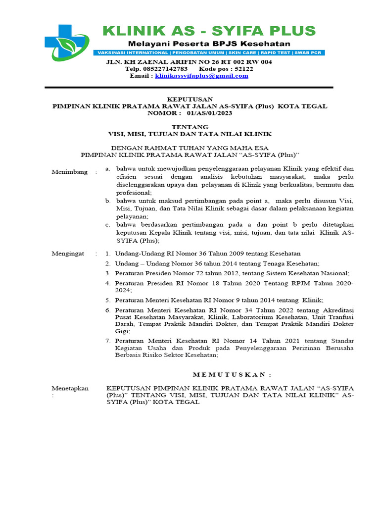 SK Visi Misi Tata Nilai Dan Tujuan Klinik | PDF