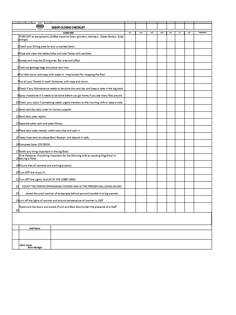 Closing Checklist & Shift Guide | PDF