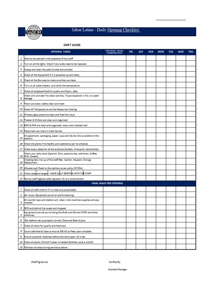 Opening-Closing Checklist (Updated) | PDF | Point Of Sale