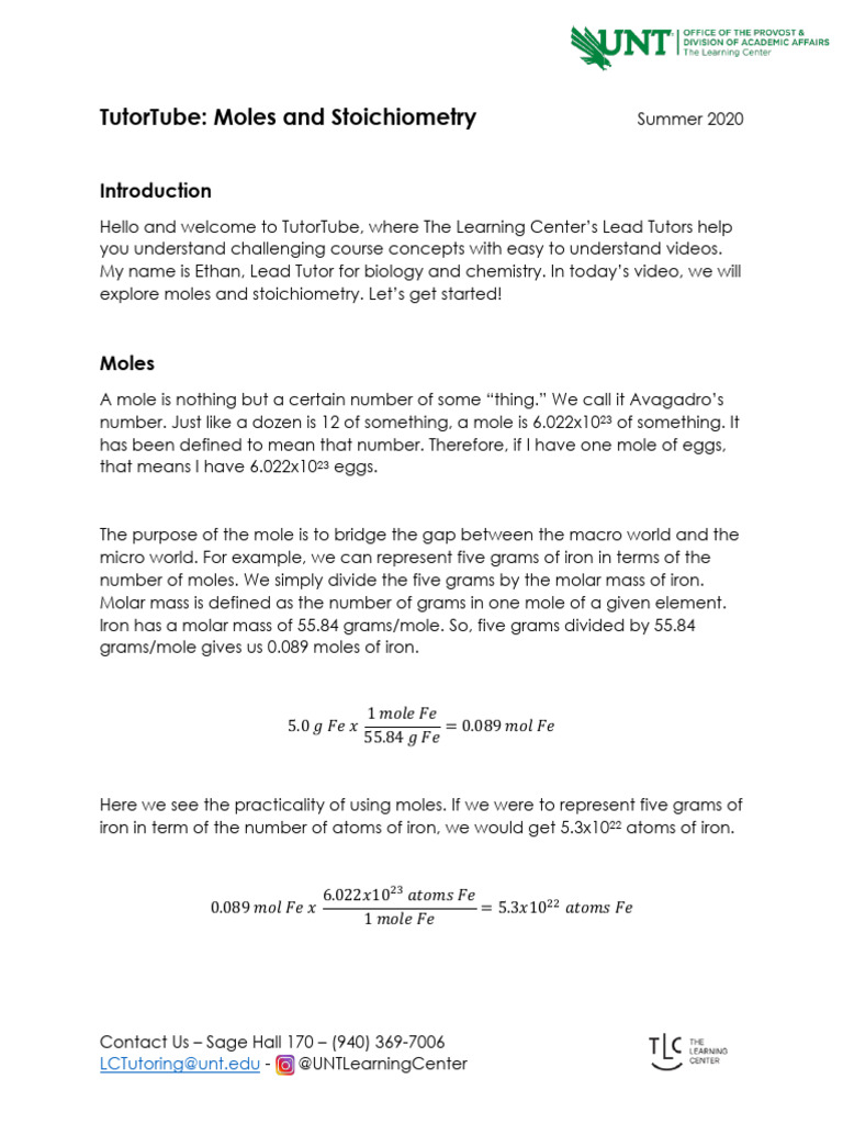 Moles and Stoichiometry Guide | PDF | Mole (Unit) | Chemistry