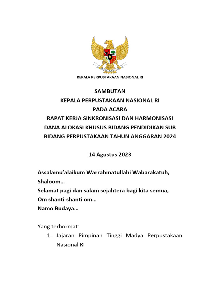Sambutan Sinkronisasi Dak 2024 | PDF