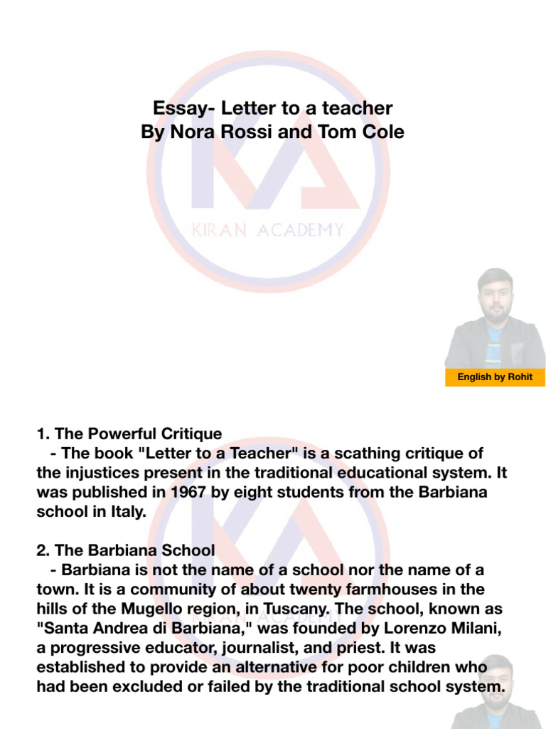 Letter To A Teacher by Nora Rossi and Tom Cole - 1228602 - 2023 - 11!07!09 - 54 | PDF | Teachers ...