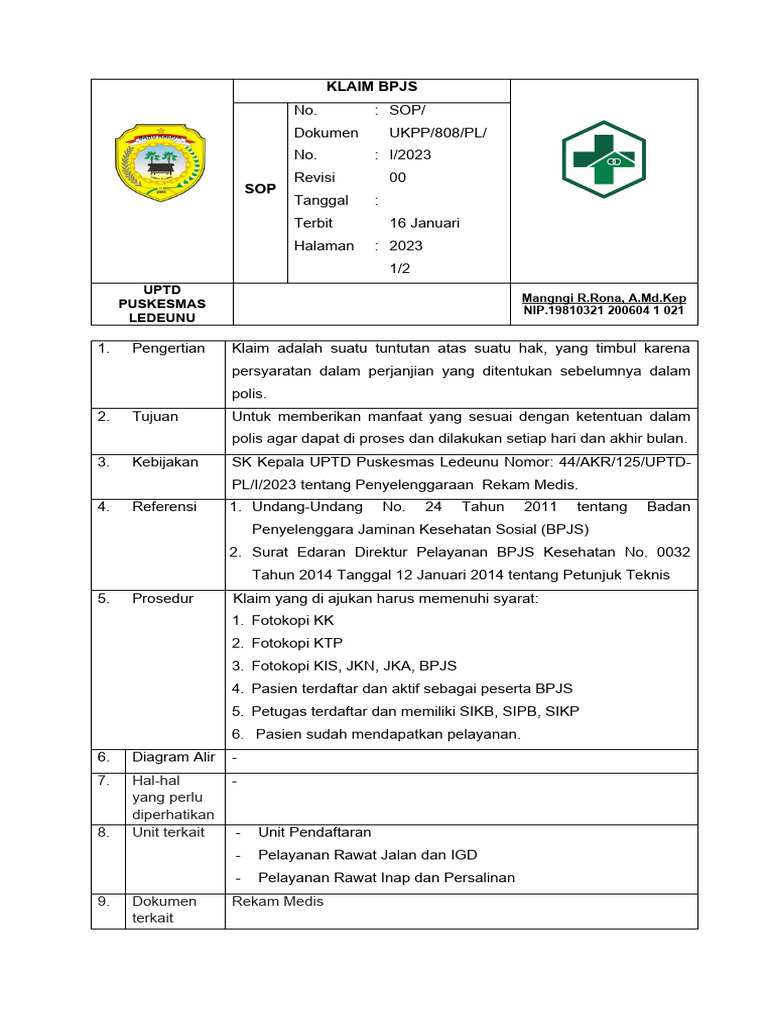 SOP Klaim Bpjs | PDF