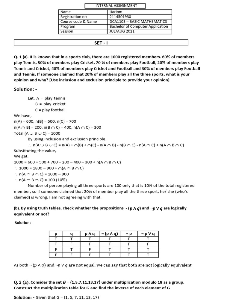 Math Assignement Bca Sem-I | PDF | Mathematics | Mathematical Objects