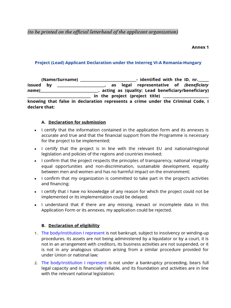 Project Applicant Declaration Form | PDF | European Union | Bankruptcy