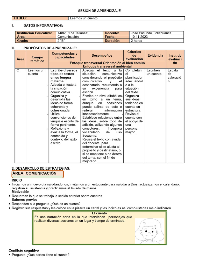 SESION DE APRENDIZAJE Leemos Un Cuento | Descargar gratis PDF | Aprendizaje | Narración