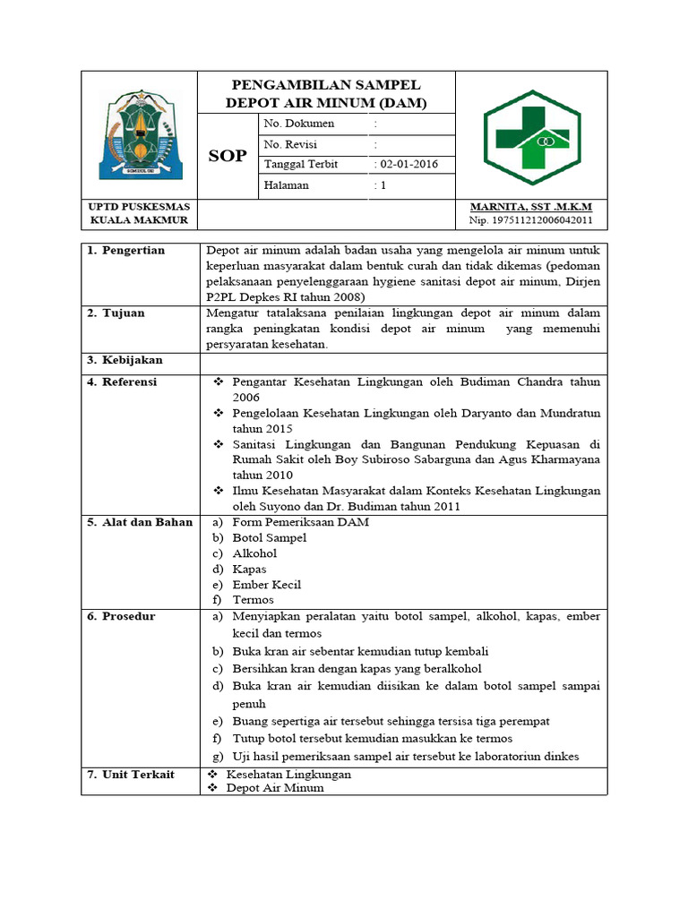 Sop Pengambilan Sampel Depot Air Minum | PDF | Kesehatan Holistik