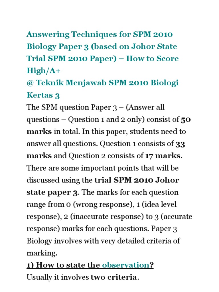 SPM 2010 Biology Paper 3 Answering Guide | PDF | Enzyme | Experiment