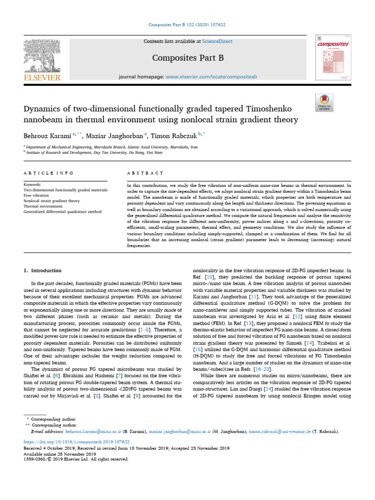 Dynamics of 2D FG Tapered Timoshenko Nanobeam in Thermal Environment Using Nonlocal Strain ...