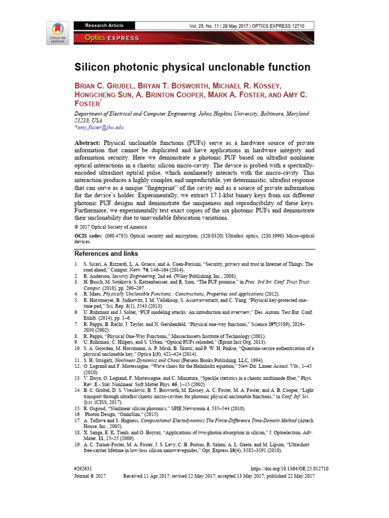 3-6. Silicon Photonic Physical Unclonable Function | PDF | Ultrashort Pulse | Nonlinear Optics