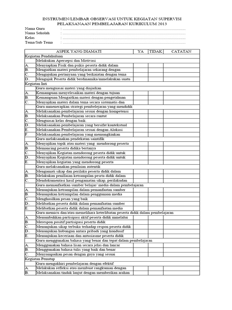 Instrumen Atau Lembar Observasi Untuk Kegiatan Supervisi | PDF