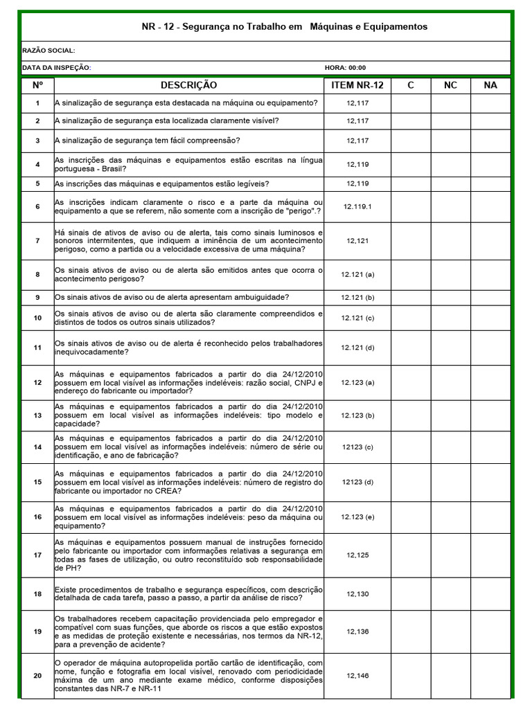 Check-list NR - 12 - Segurança No Trabalho Em Máquinas e Equipamentos | PDF