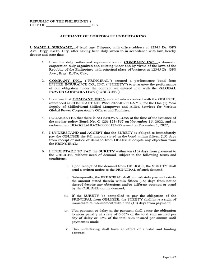 Affidavit of Undertaking Surety Obligor | Download Free PDF | Surety ...