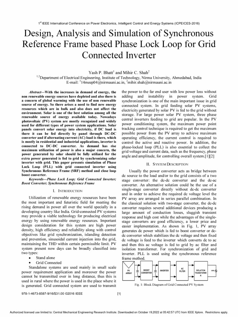 Design Analysis And Simulation Of Synchronous Reference Frame Based Phase Lock Loop For Grid