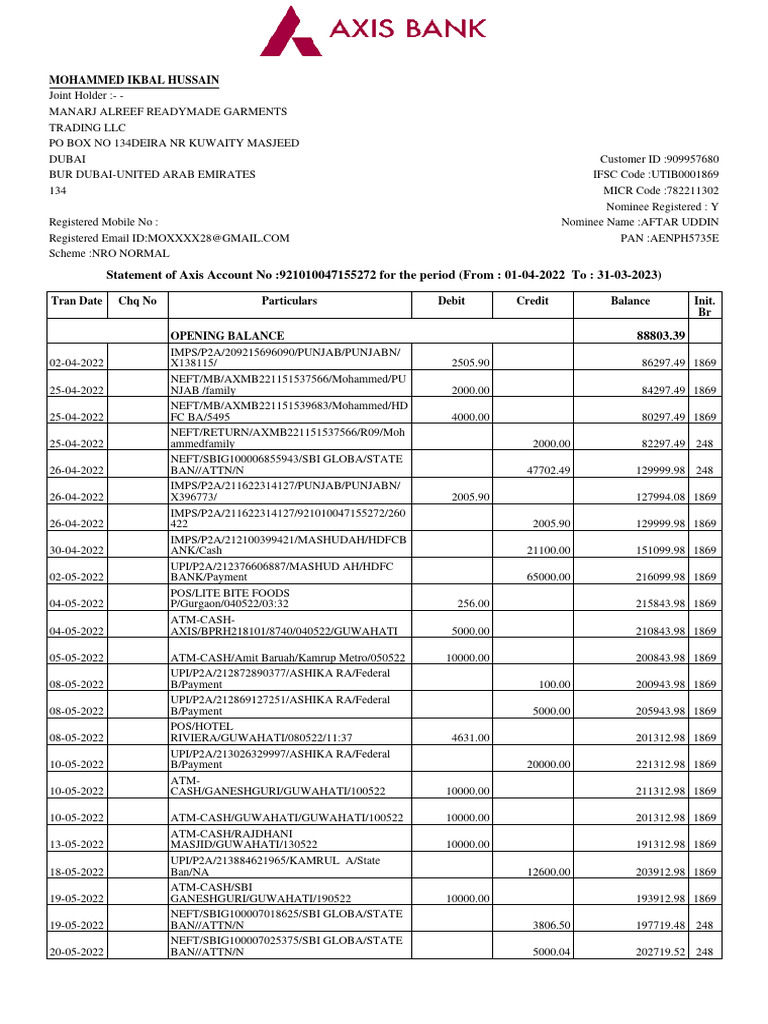 E Statement Axis | PDF | Banks | Debit Card