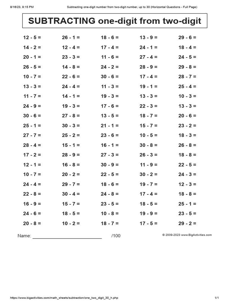 Subtracting One-Digit Number From Two-Digit Number, Up To 30 ...