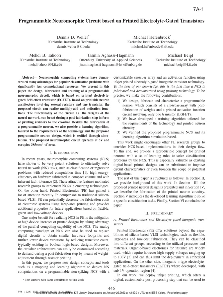 Programmable Neuromorphic Circuit Based On Printed Electrolyte Gated Transistors Pdf