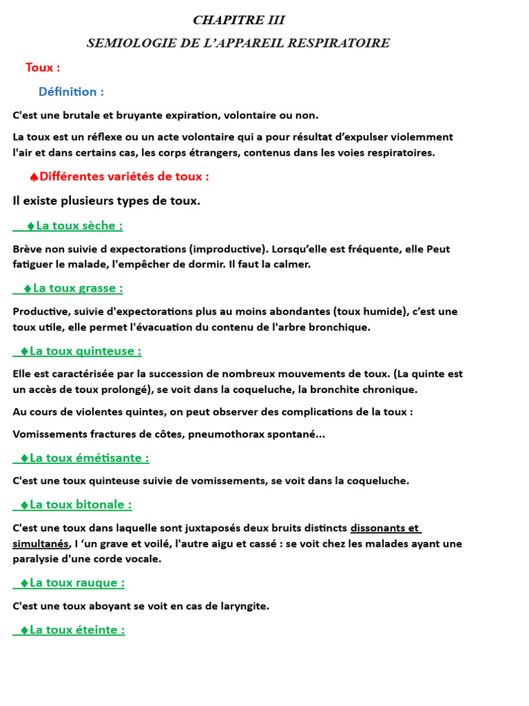 Semiologie de L'appariel Respiratoire | PDF | Poumon | Saignement