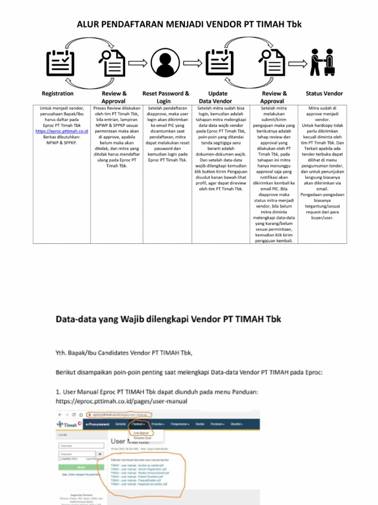 Alur Daftar Vendor & Panduan Update Data Vendor Pada Eproc PT TIMAH TBK | PDF