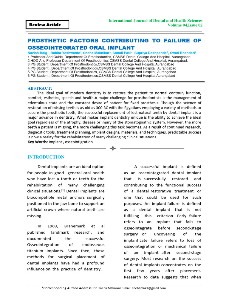 Prosthetic Factors Contributing To Failure of Osseointegrated Oral ...