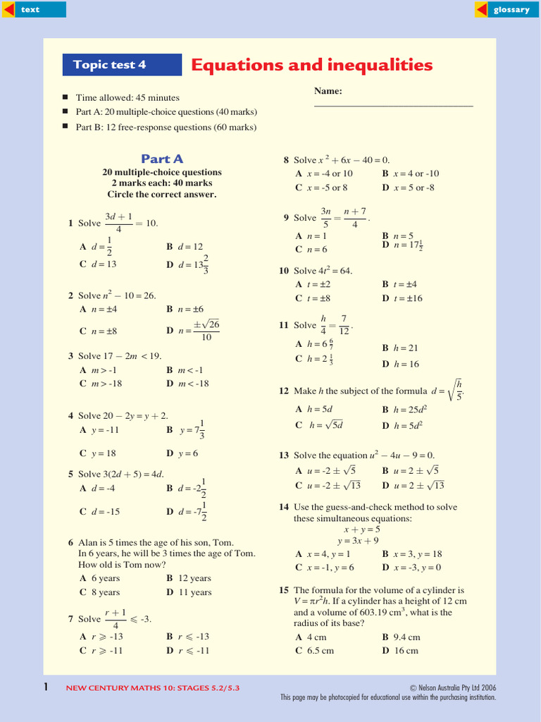 Review On Equations and Inequalities | PDF | Tests | Mathematics