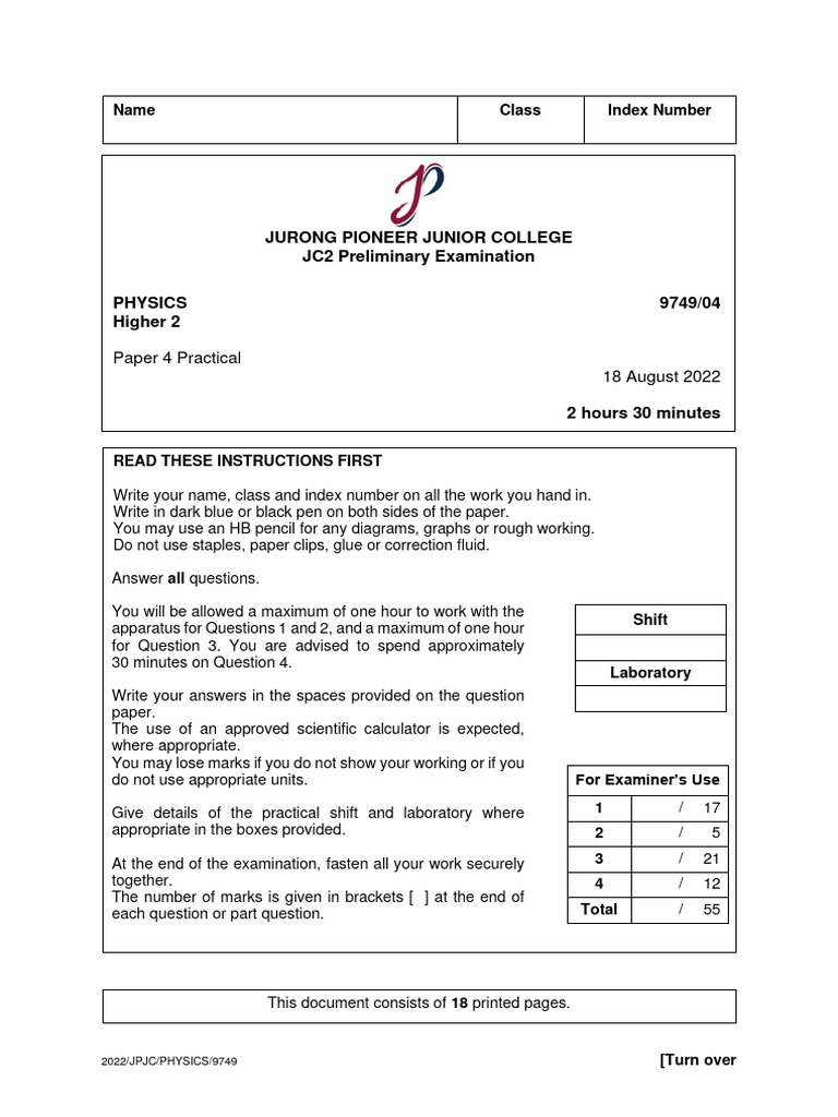 2022 JPJC Prelim H2 Physics P4 | PDF | Density | Experiment