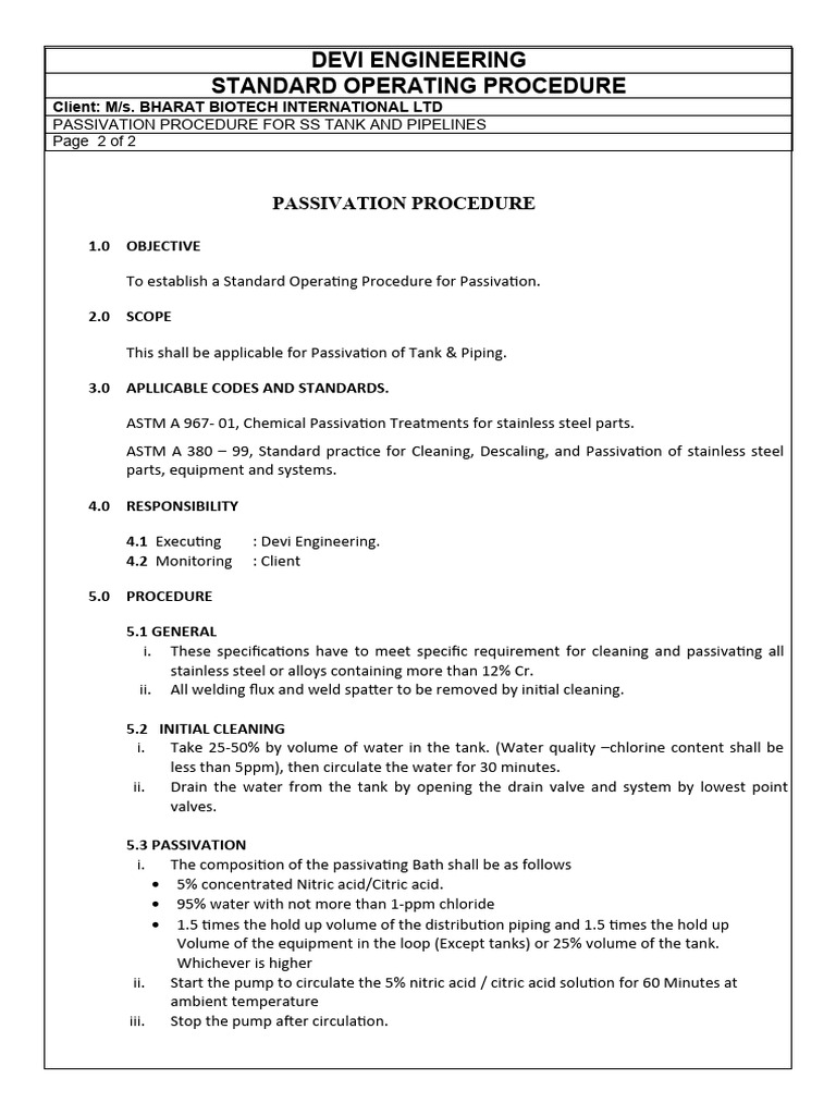 Final SOP For Passivation | PDF | Stainless Steel | Water