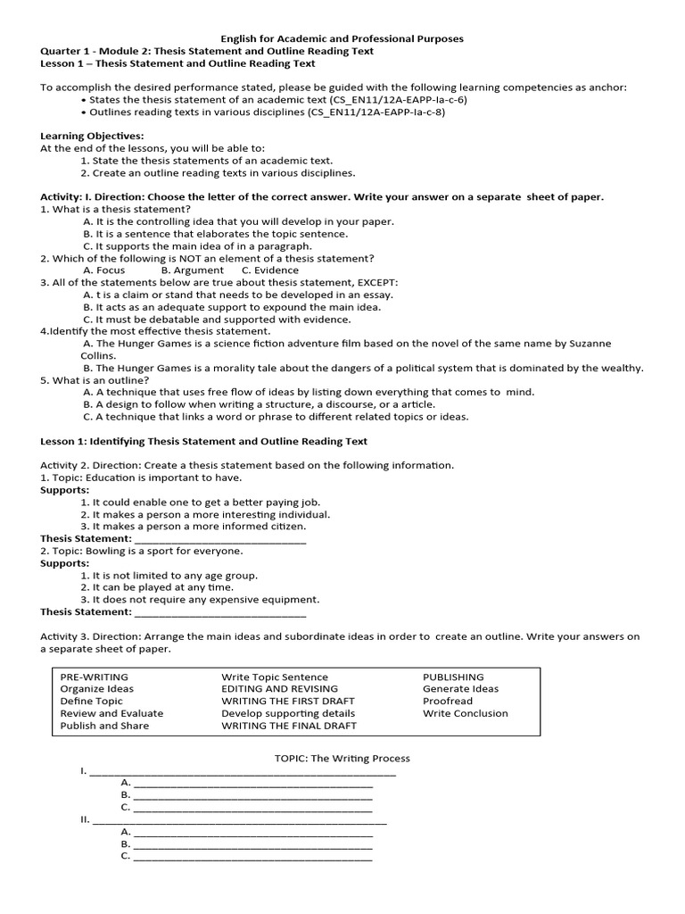 Thesis Statement and Outline Guide | PDF | Writing