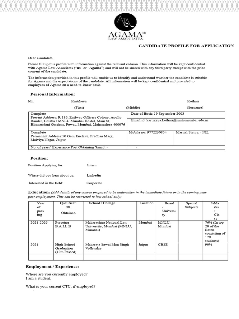 Law Internship Candidate Profile | PDF | Goal | Learning