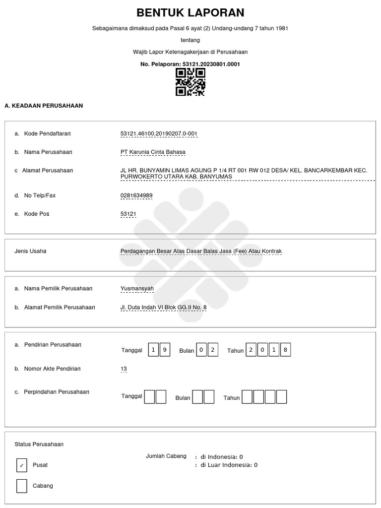Contoh Laporan WLKP Perusahaan | PDF