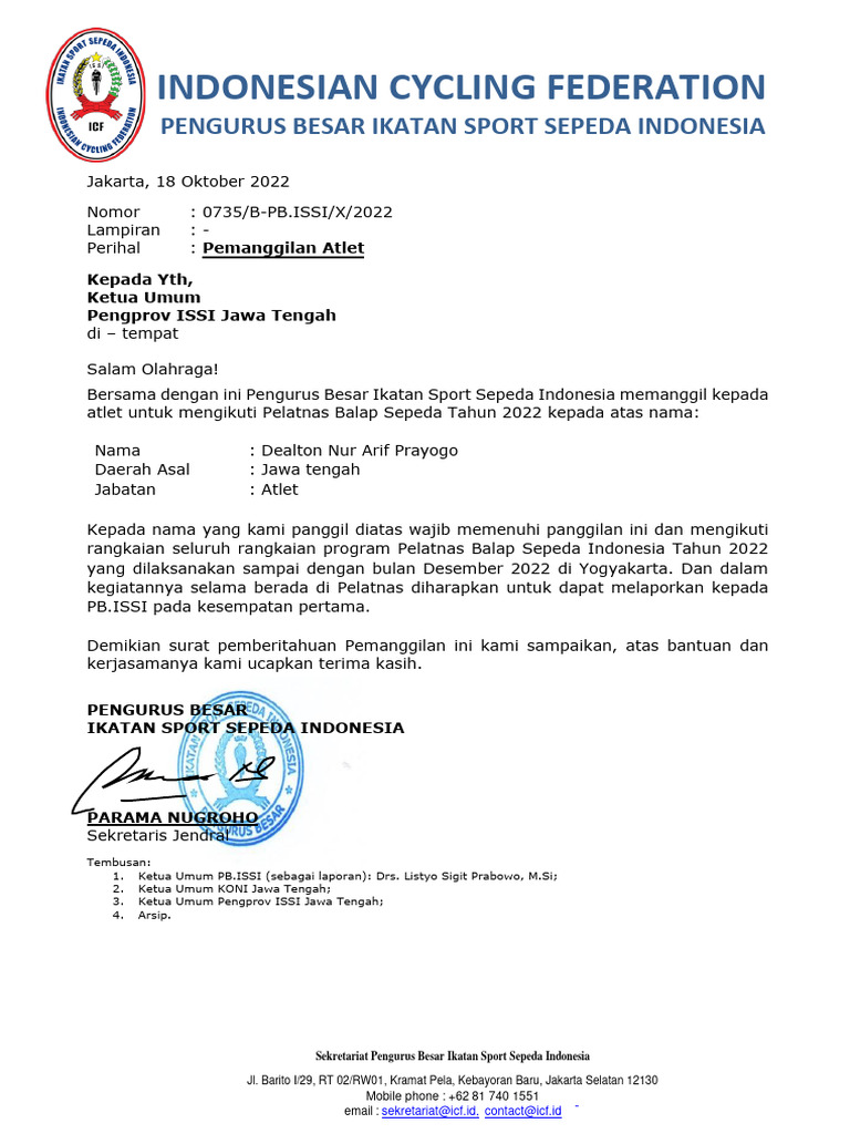 Surat Pemanggilan Atlet Pelatnas Jawa Tengah | PDF