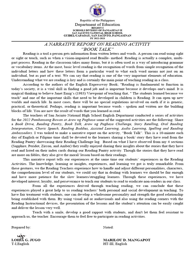 Book Talk Narrative Report-project Search | PDF | Cognitive Science | Behavior Modification