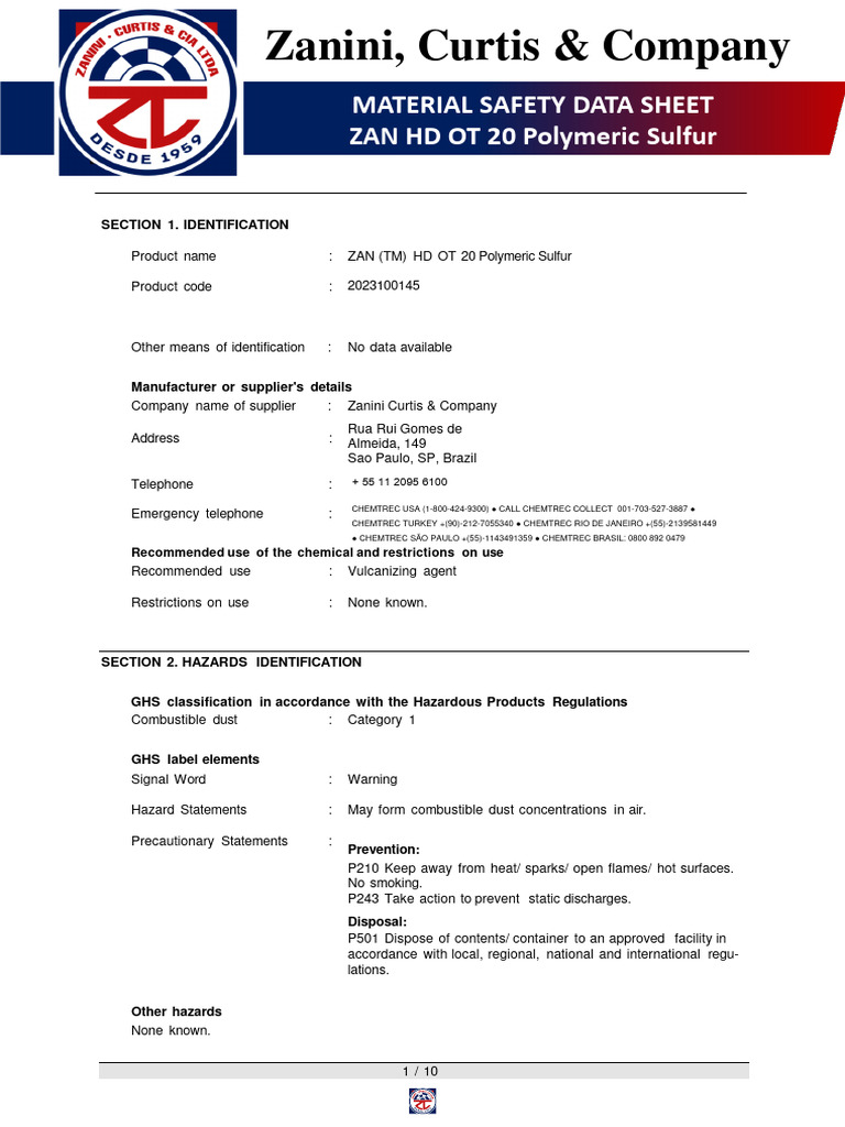 MSDS - ZAN HD OT 20 | PDF | Personal Protective Equipment | Working ...
