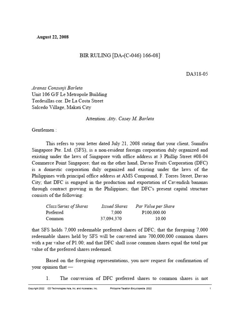 BIR Ruling DA - (C-046) 166-08 Conversion Shares | PDF | Preferred ...