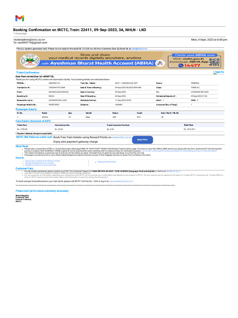 Gmail - Booking Confirmation On IRCTC, Train - 22411, 09-Sep-2023, 3A ...